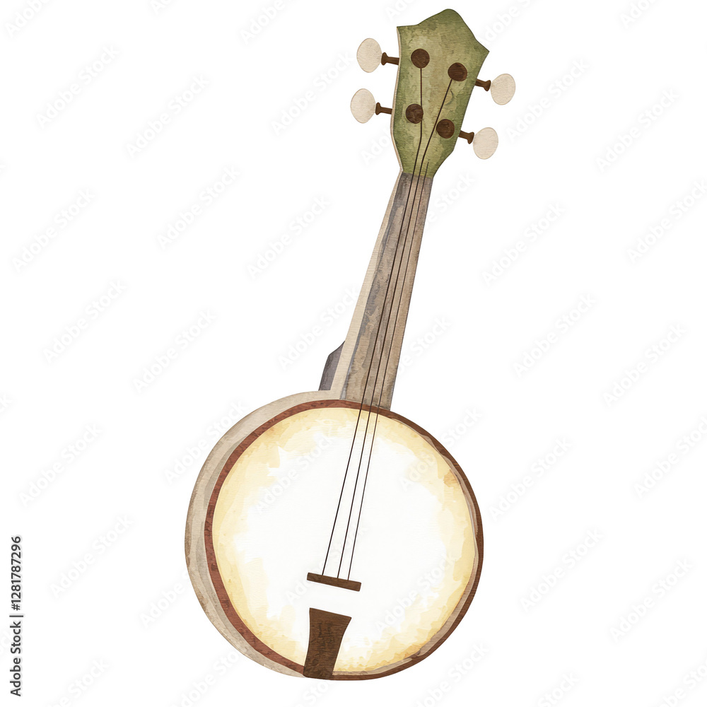 Artistic Illustration of a Traditional Banjo Featuring a Round Body and ...