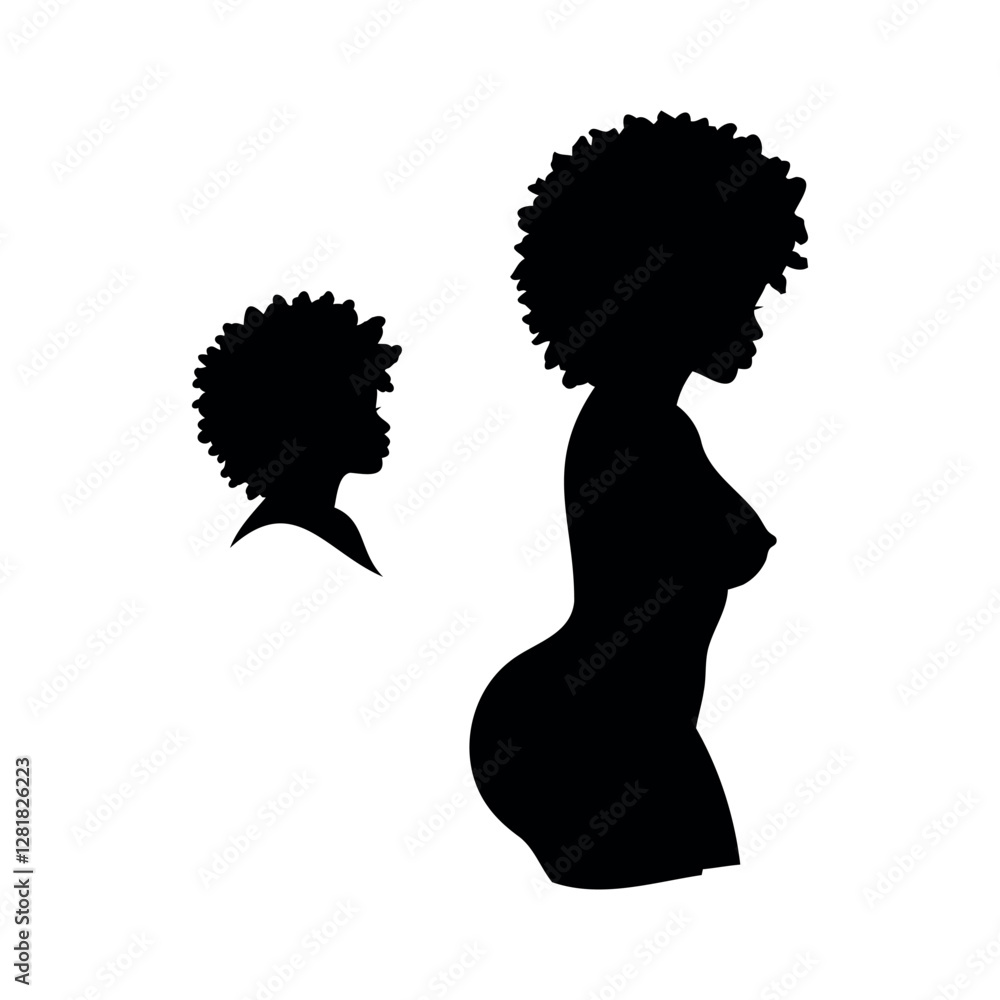 Black silhouette of afro woman with curly hairstyle and big hips, on ...
