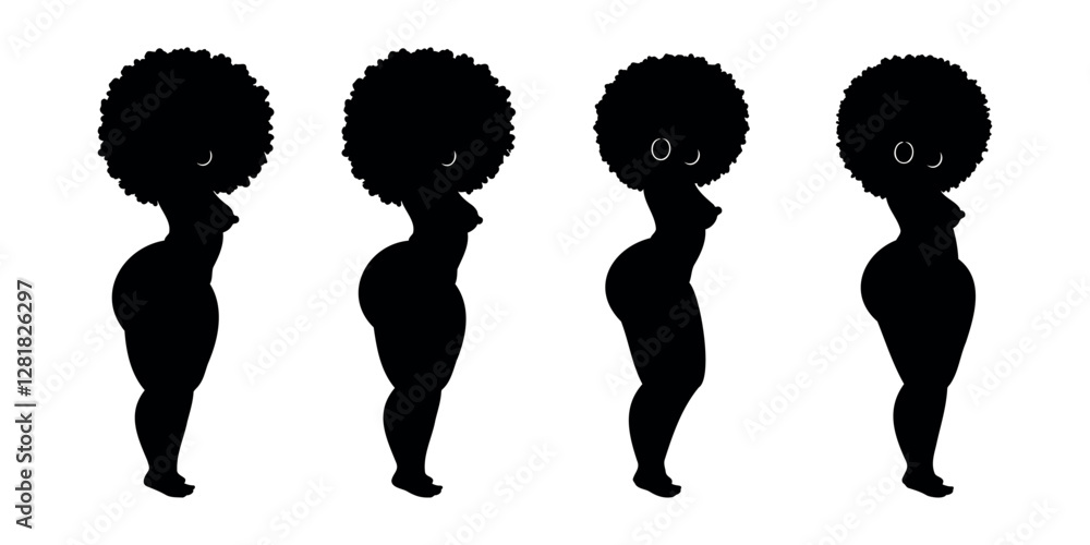 Black silhouette of afro woman with curly hairstyle, big hips, on ...