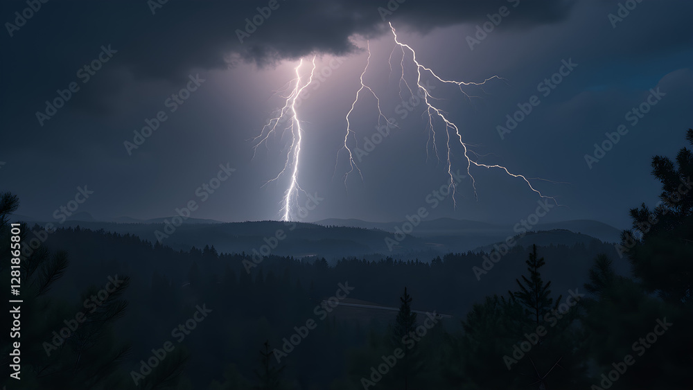Lightning striking in distance over dark forest. Thunderstorms bringing ...