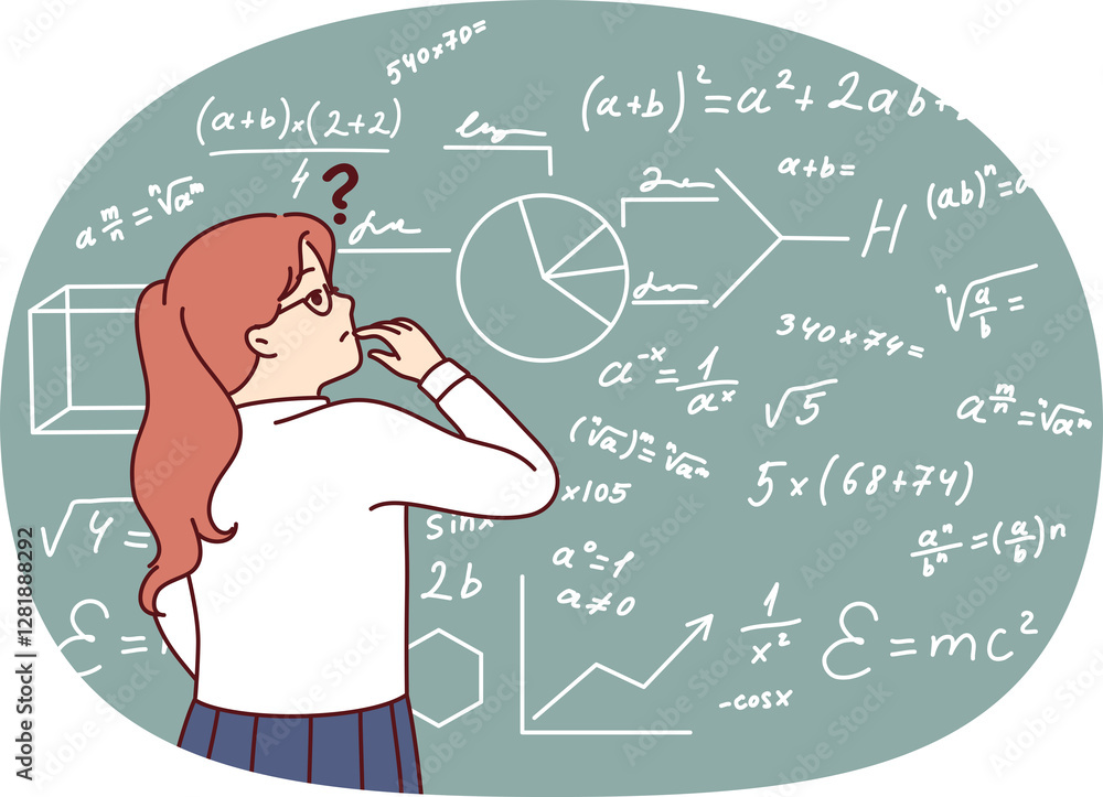 Little girl stands near school chalk board with formulas and tries to ...