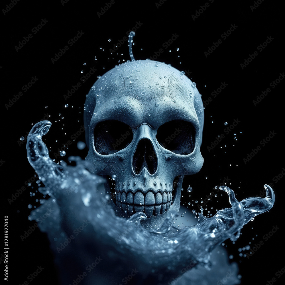 Human skull with water splash, bone, anatomy, dead, horror, face, death ...