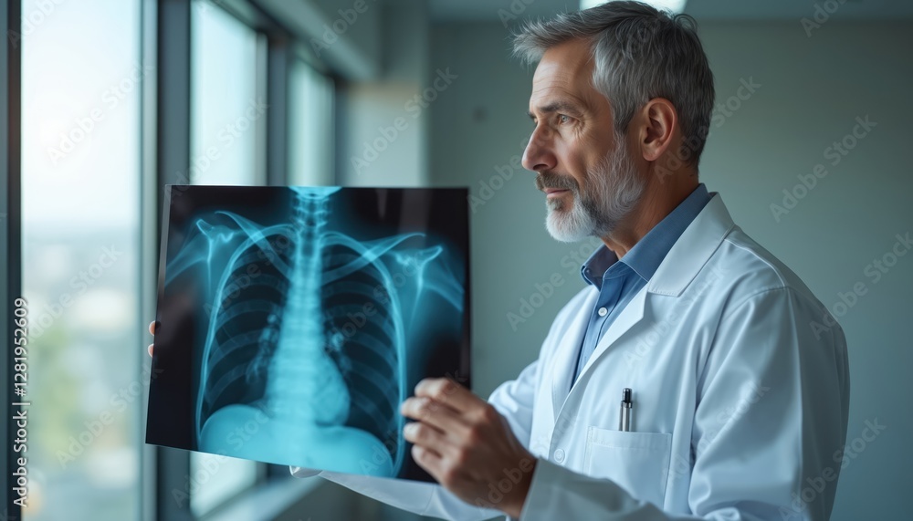 Experienced doctor reviews patient chest X-ray in hospital. Skilled ...