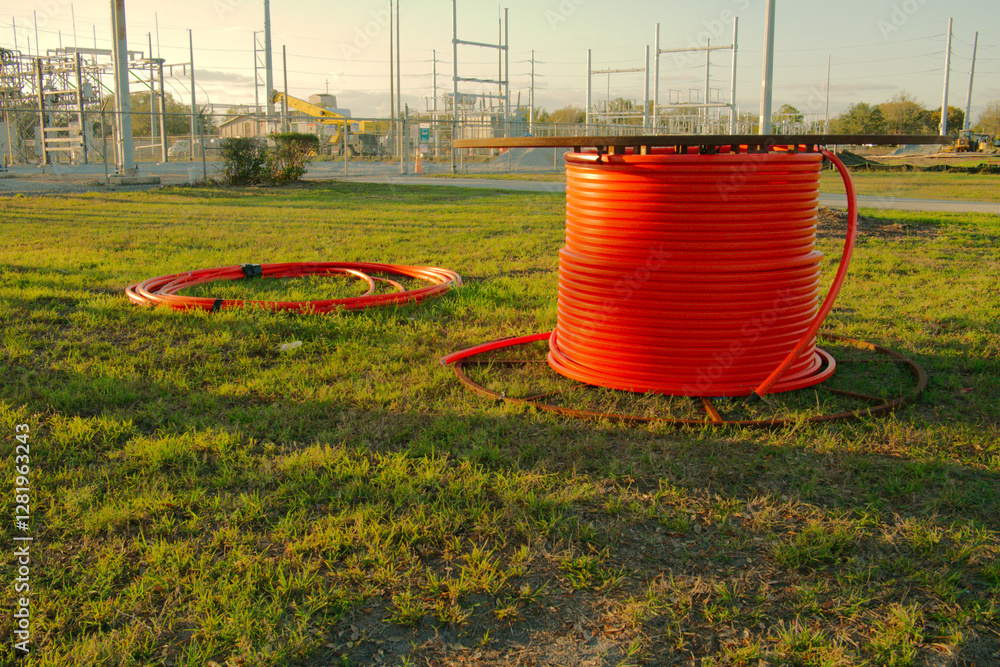 Large round PVC cable roll tubing on its side. Insulated Orange ...