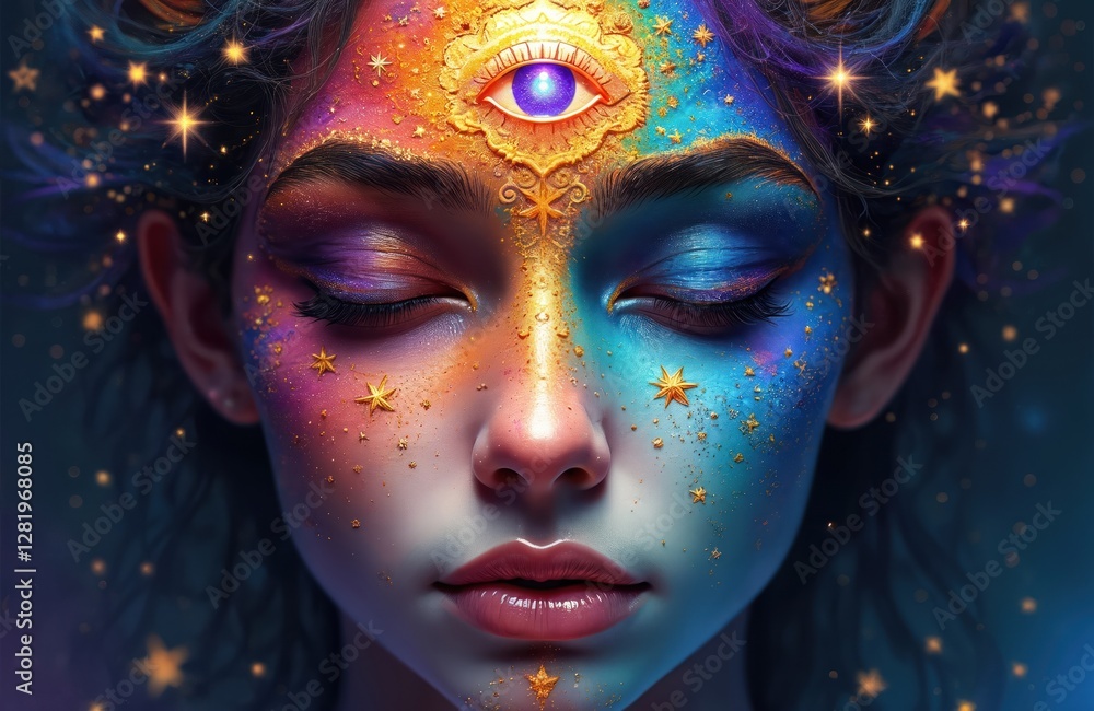 Face art portrait of meditating woman with third eye chakra. Spiritual ...