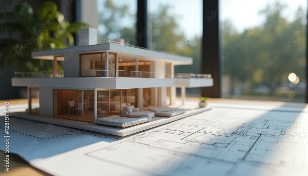 Scale model of modern luxury home on blueprint. Architectural design of ...
