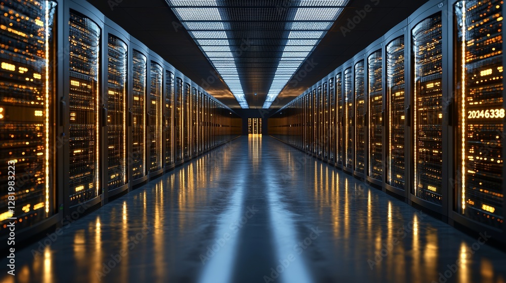 A working data center is showcased with a corridor view, packed with rack servers and ...