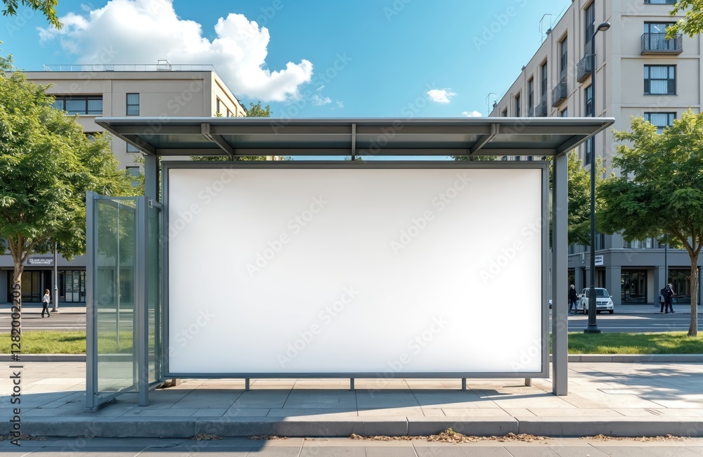 Urban bus stop with blank white billboard mockup for advertisement ...