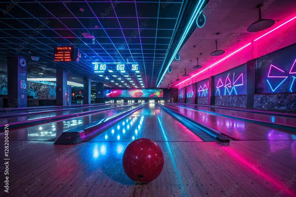 Stunning view of a modern bowling alley illuminated by neon lights and ...