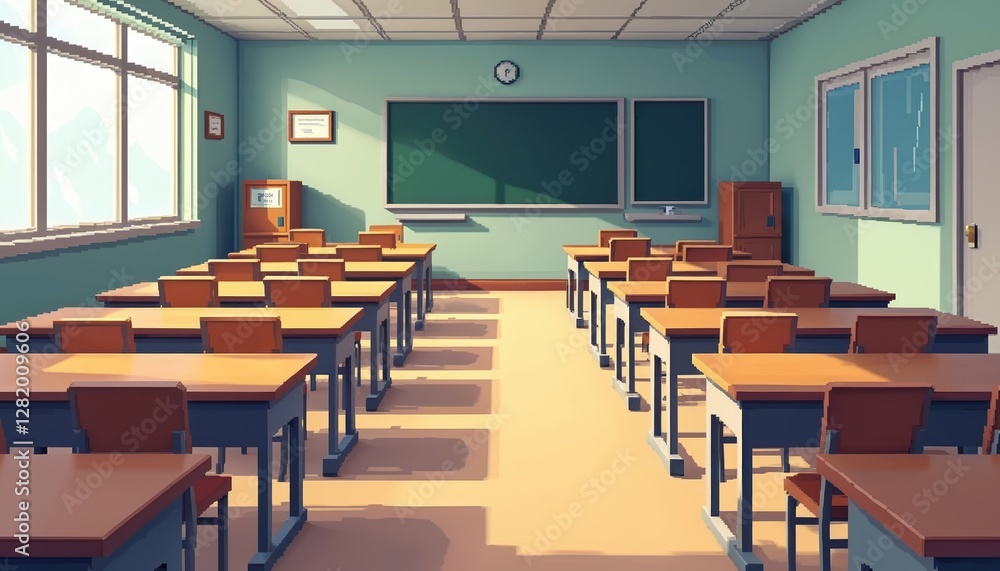 Empty pixel art classroom background illustration. Organized school with desks, chairs ...