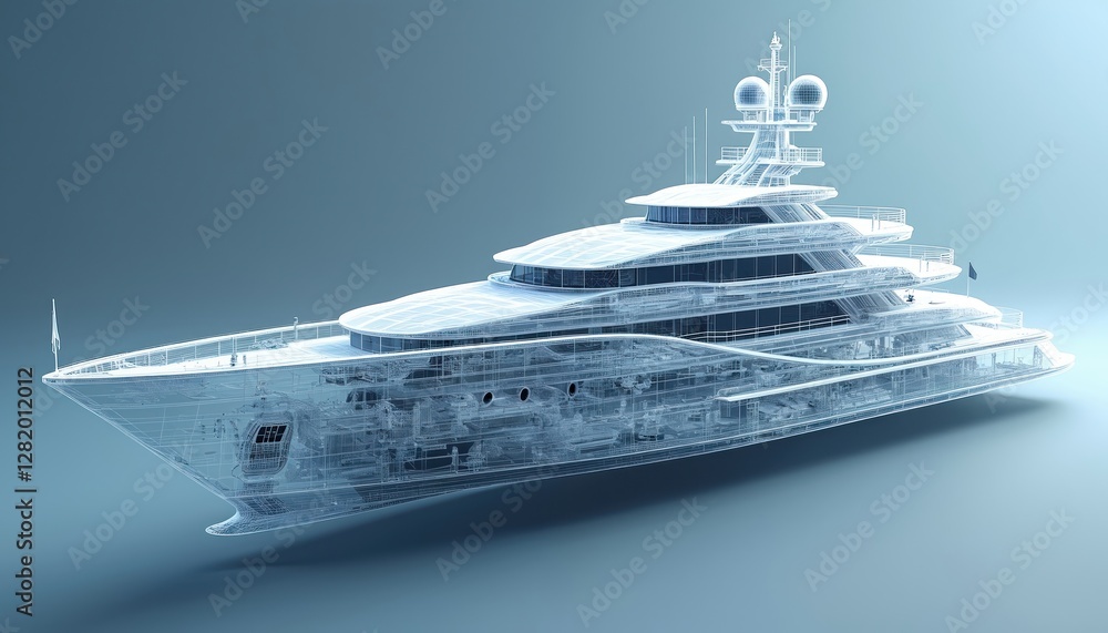 Detailed transparent wireframe of luxury superyacht render. Technical ...