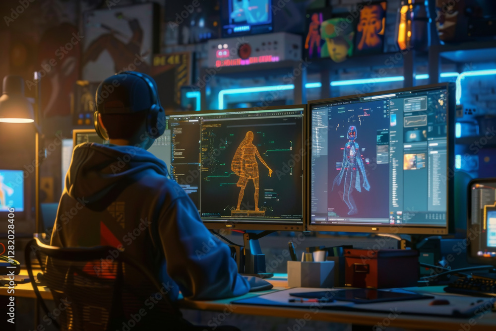 Game developer wearing headphones works on 3D character design in ...