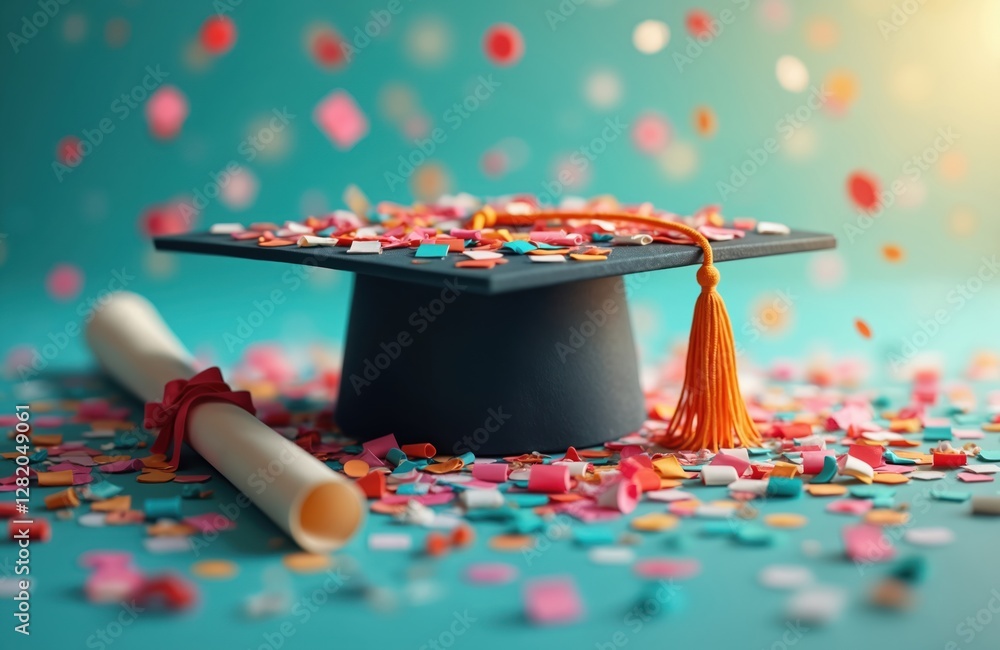 Graduation cap, diploma lie on confetti background. Mortarboard tassel ...