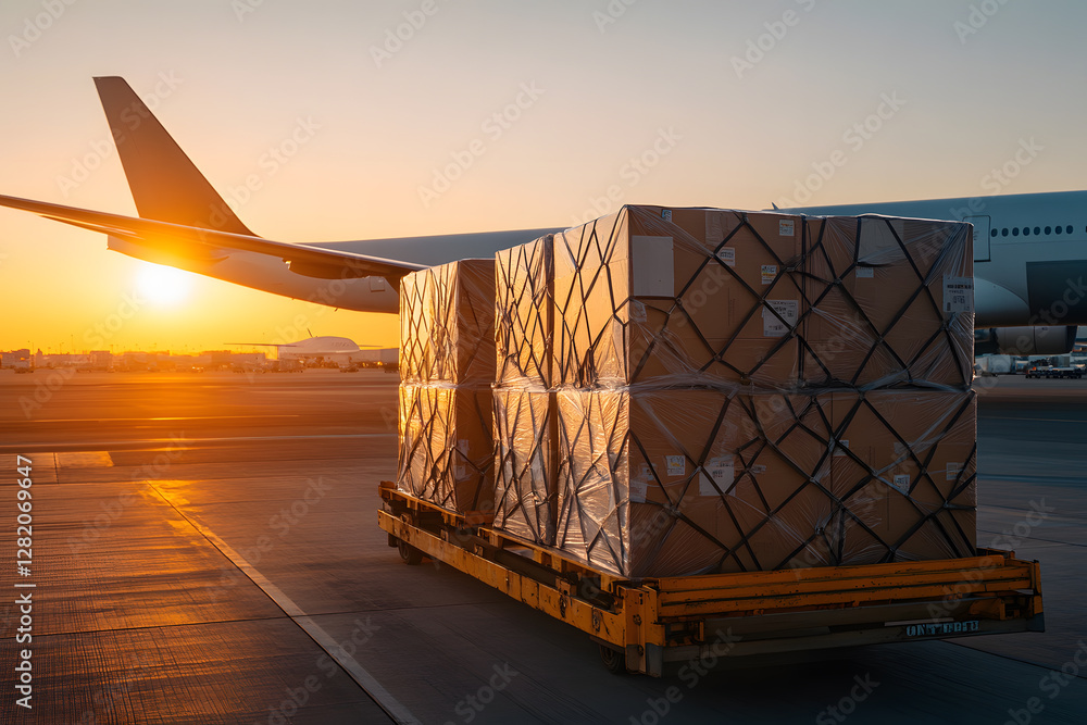 Airplane cargo at sunset: Pallet of wrapped boxes on a carrier in front ...