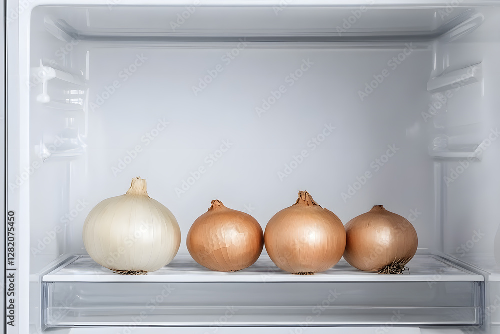 Four onions of different colors are stored in an empty fridge, with the ...