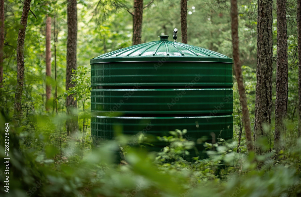 Green plastic water tank stands in Australian forest. Rural residence ...