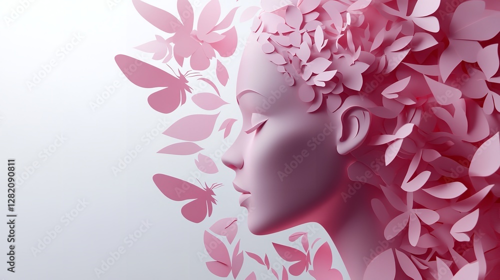 Elegant Pink Floral Woman Face Profile Butterflies Papercut Art Design ...