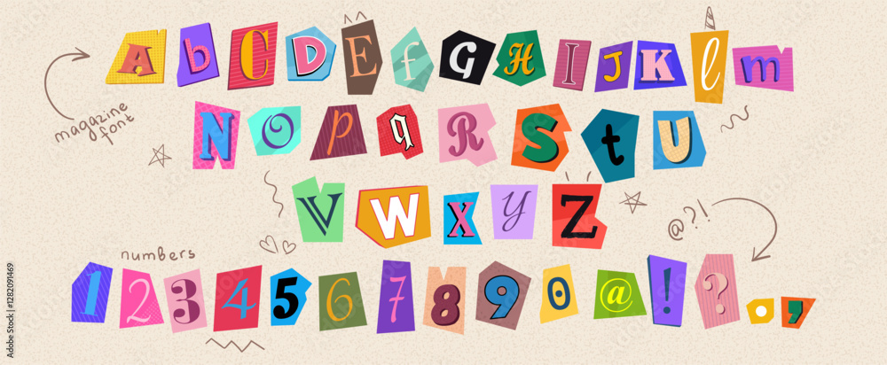 Colorful anonymous cutout font in y2k trendy style. Vector magazine ...