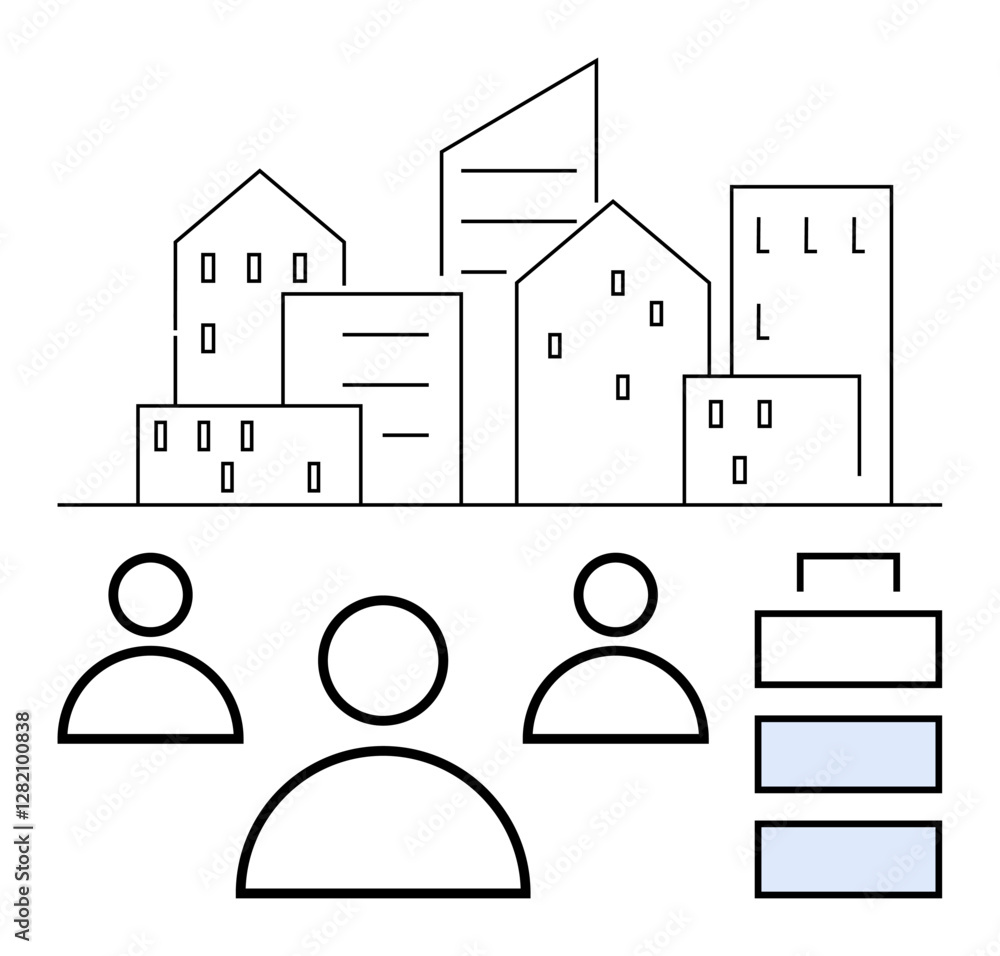 Minimalist cityscape with diverse modern buildings, three people icons ...