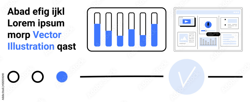 Blue and black text with placeholder text. Bar chart showing progress ...
