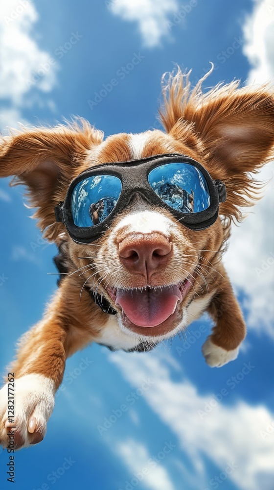 Joyful Parachuting Dog with Floppy Ears and Reflective Goggles Soaring ...