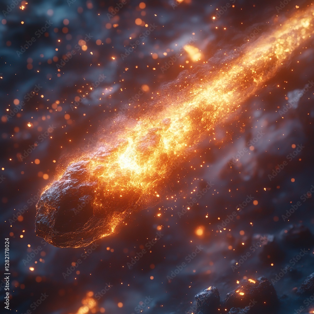 Fiery meteoroid impact; cosmic debris; apocalyptic scene; possible use ...