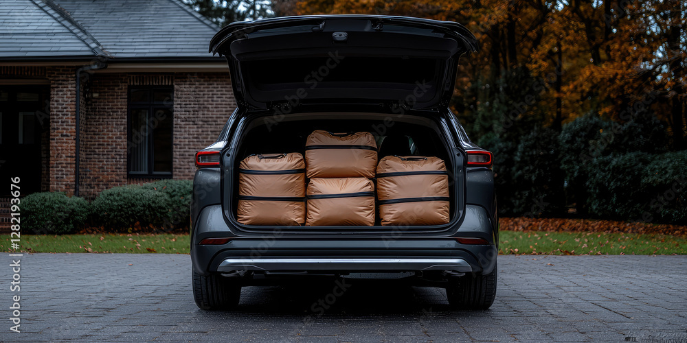 SUV car with open trunk, packed luggage bags stacked inside, car in the ...