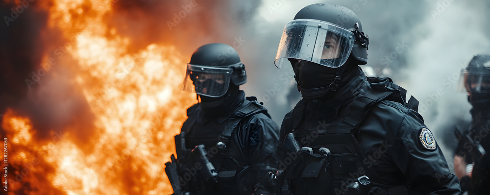 Swat team police officers standing near burning fire during riot Stock ...