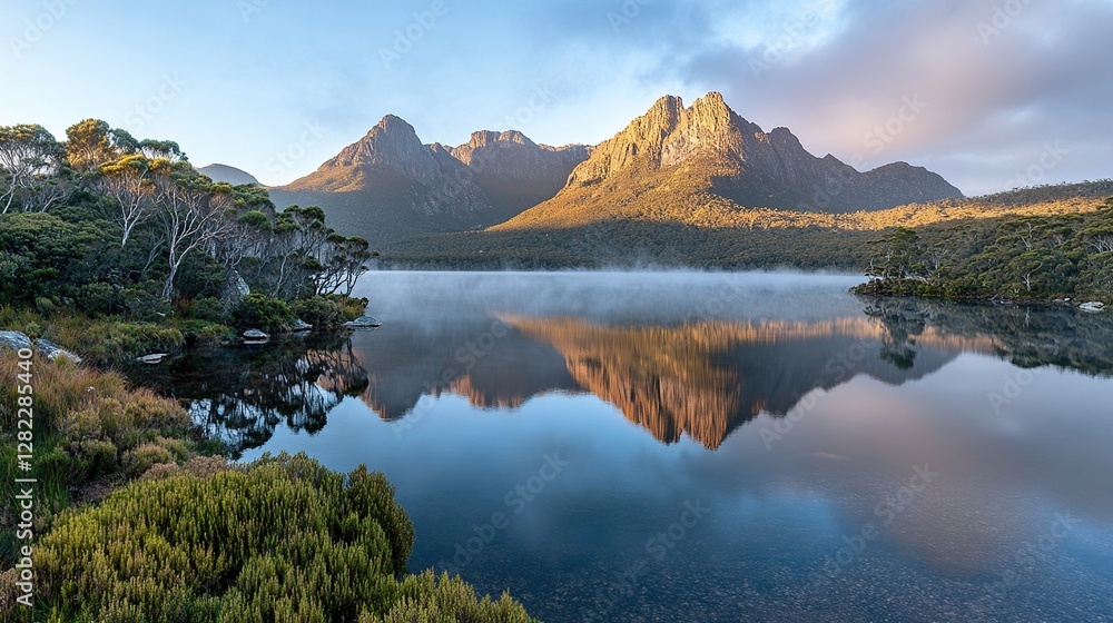 Stunning Dawn Reflection of Cradle Mountain in Dove Lake, Tasmania Stock Illustration | Adobe Stock