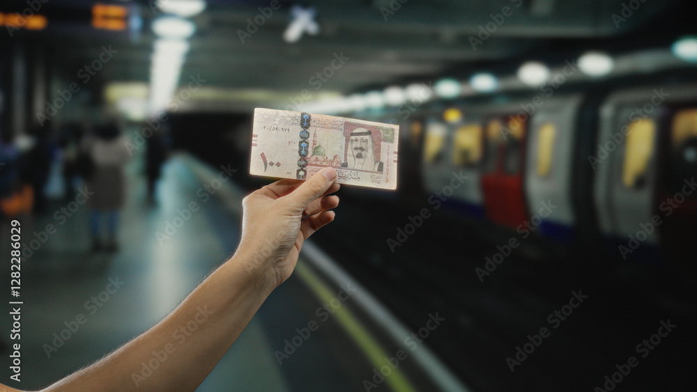 Man holding saudi riyal banknote indoors at train station near railway ...
