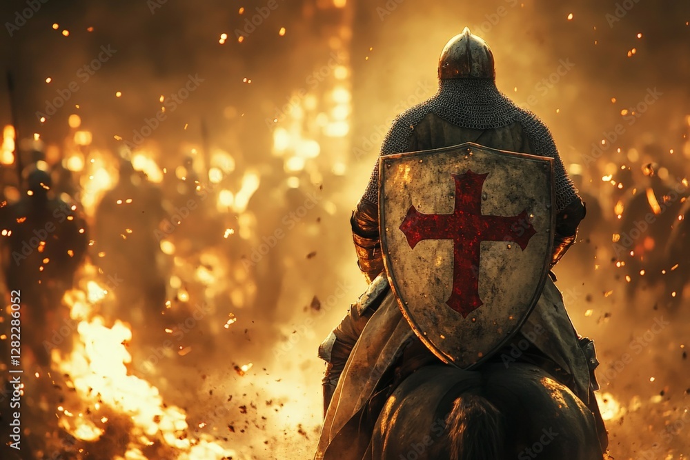 Knight in shining armor prepares for battle amidst flames and chaos in ...