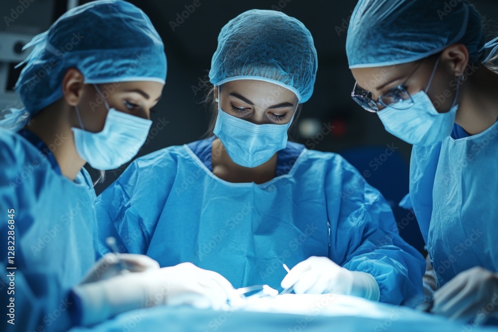 Surgical team performs a procedure in a well-equipped operating room ...