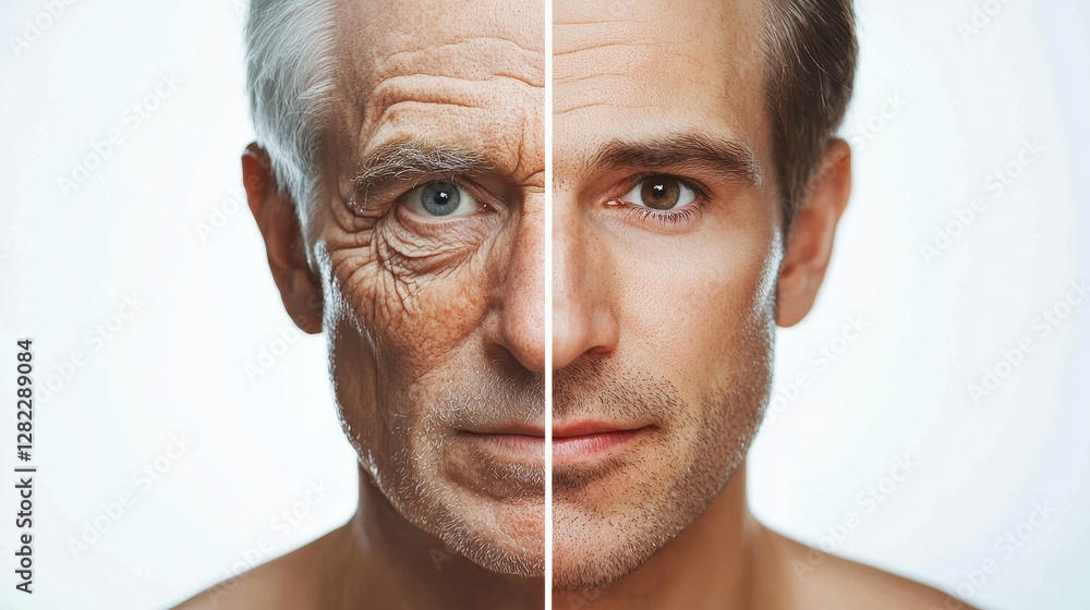 Transformation of aging before and after portraits of a male subject in ...