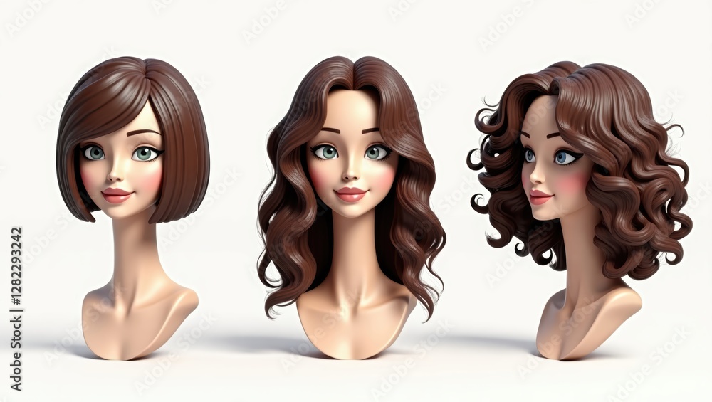Three 3D Cartoon Female Busts with Different Hairstyles Bob Wavy and ...