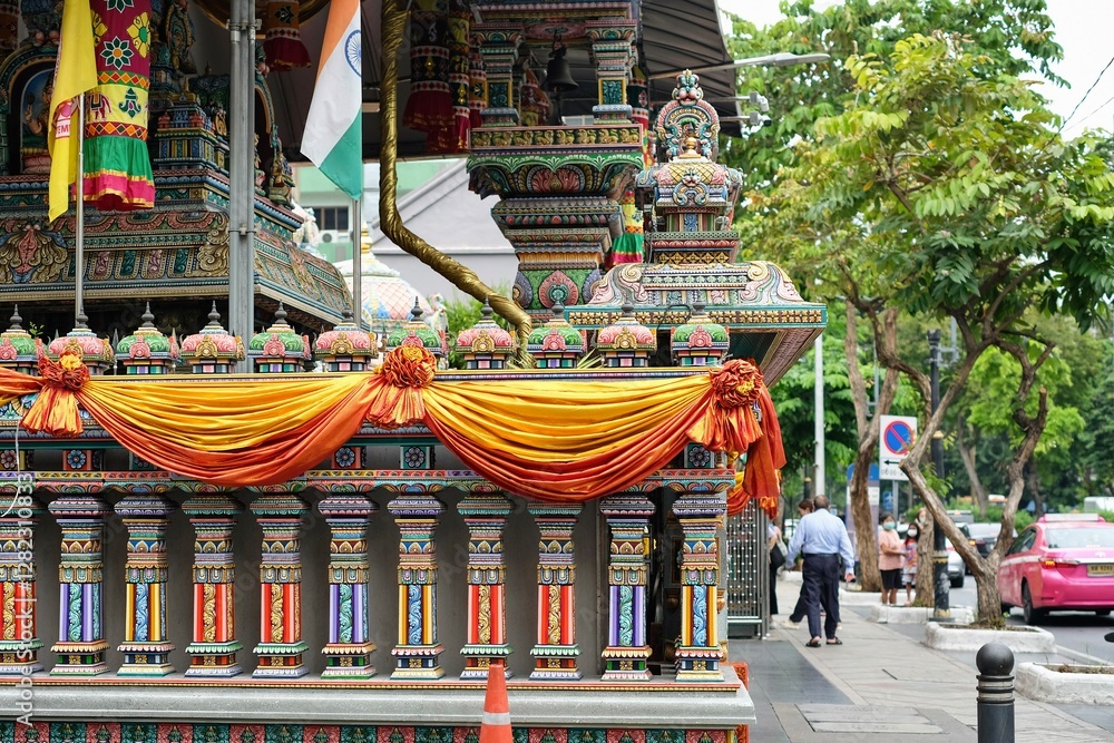 Side-view of ornamental pillars at Sri Maha Mariamman (or Maha Uma Devi ...