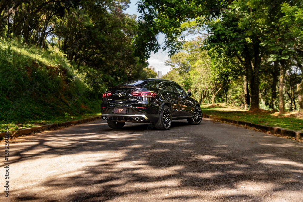 Black Mercedes Benz AMG GLC 43 rear view three quarters, Luxury SUV on ...