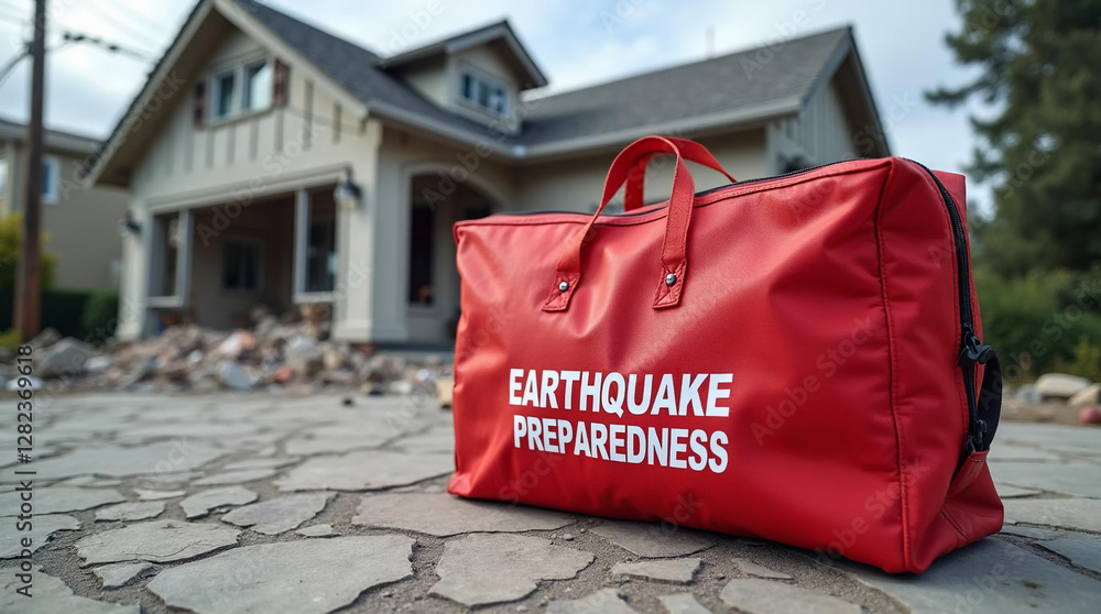 Ilustración de Stock Earthquake Preparedness red bag with text opposite a damaged earthquake ...