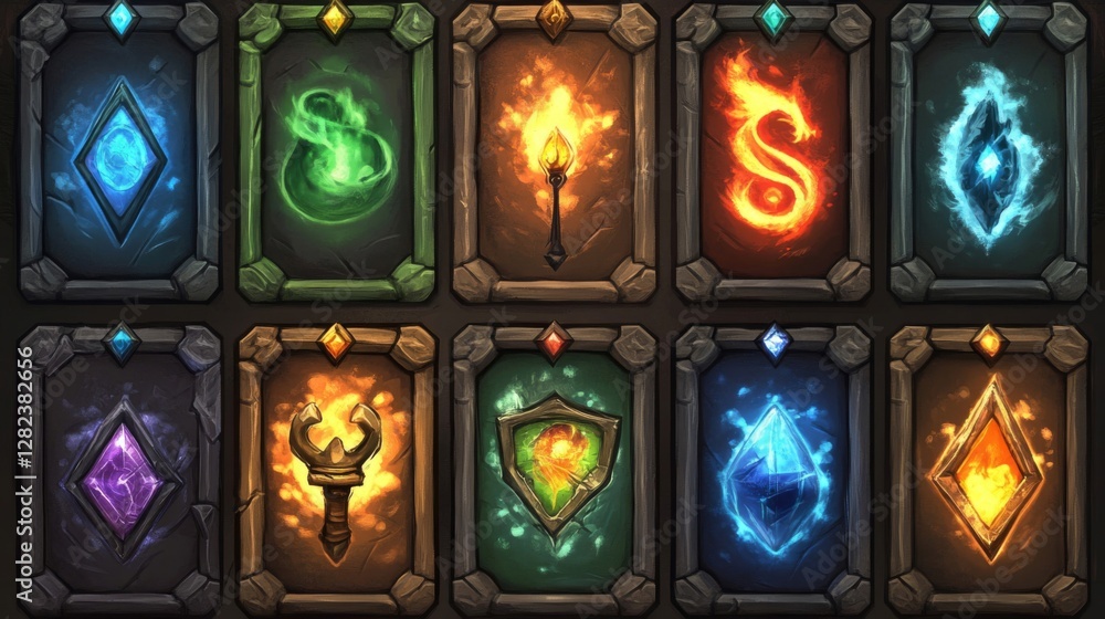 Collection of Fantasy Themed Card Designs with Elemental Symbols on ...