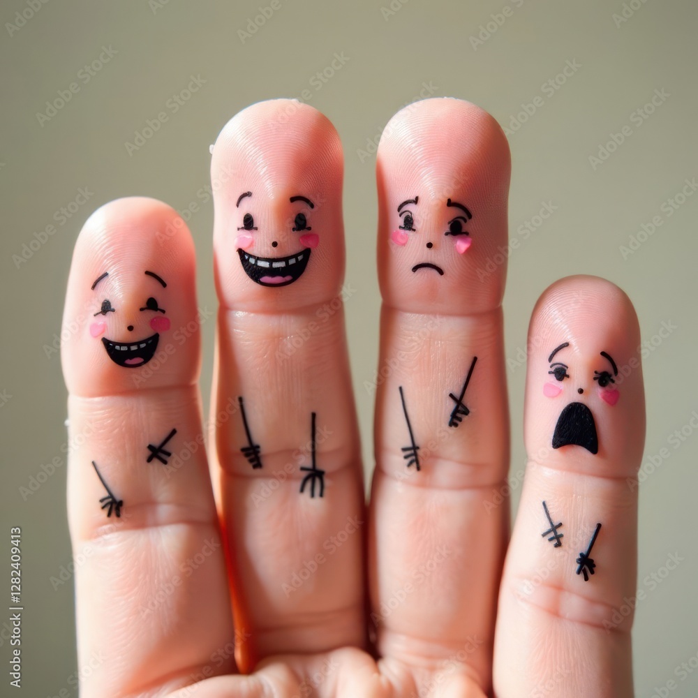 Four fingers display unique facial expressions showcasing happiness ...