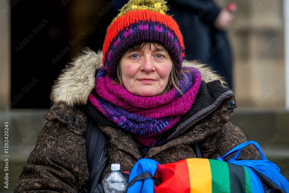 Homeless woman sitting with her belongings on the steps of an old ...