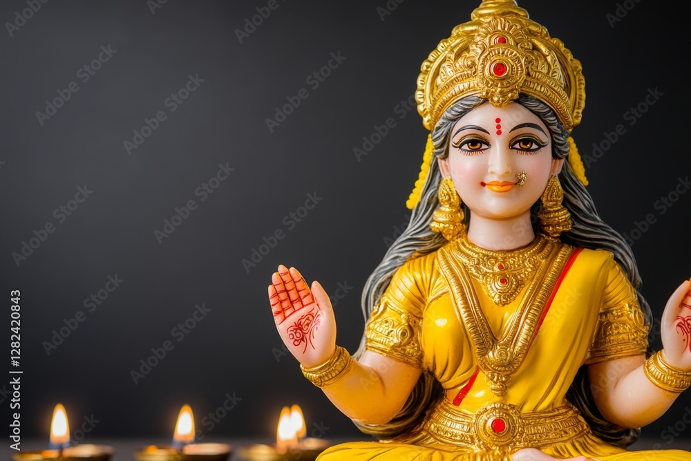 Illuminated golden Lakshmi statue with glowing candles, Hindu goddess ...