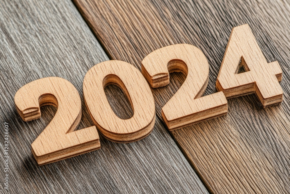 Looking back at the year 2024 concept with wooden chips and inscription ...