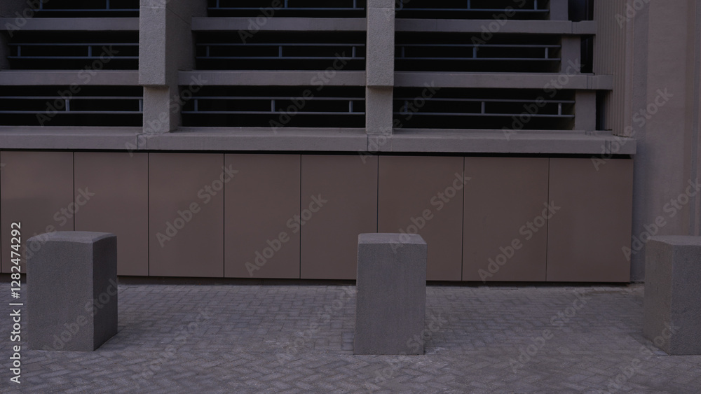Concrete, outdoor and urban with bollards in city for architecture ...