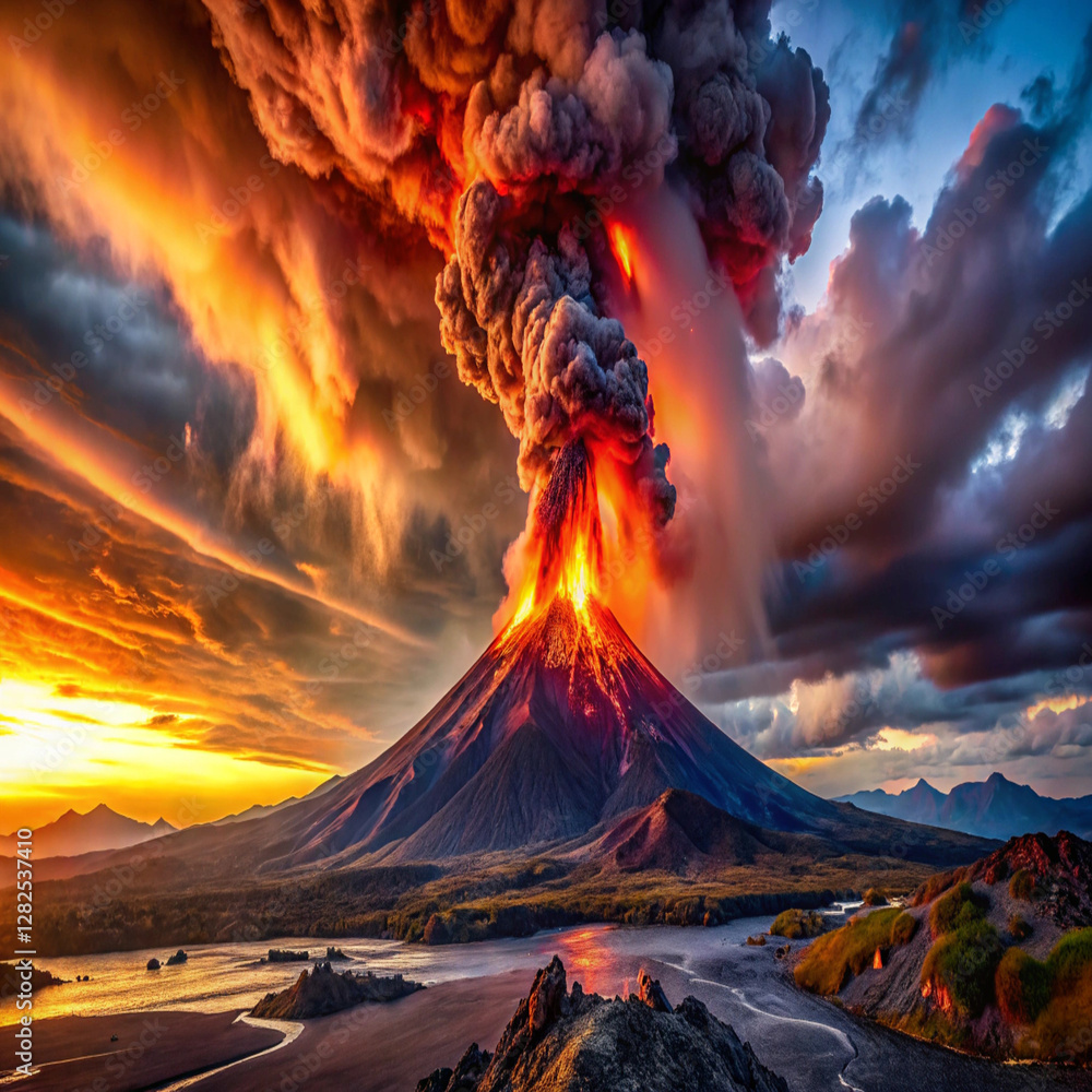 Generative Ai illustration of a massive volcano erupting with a fiery explosion, spewing molten ...