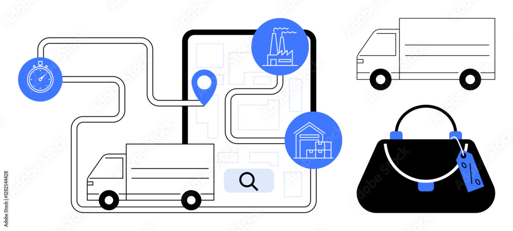Logistics scene displaying a route map on a tablet with icons for ...