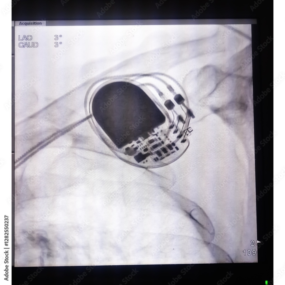X ray image showed dual chamber permanent pacemaker (PPM) leads in left ...