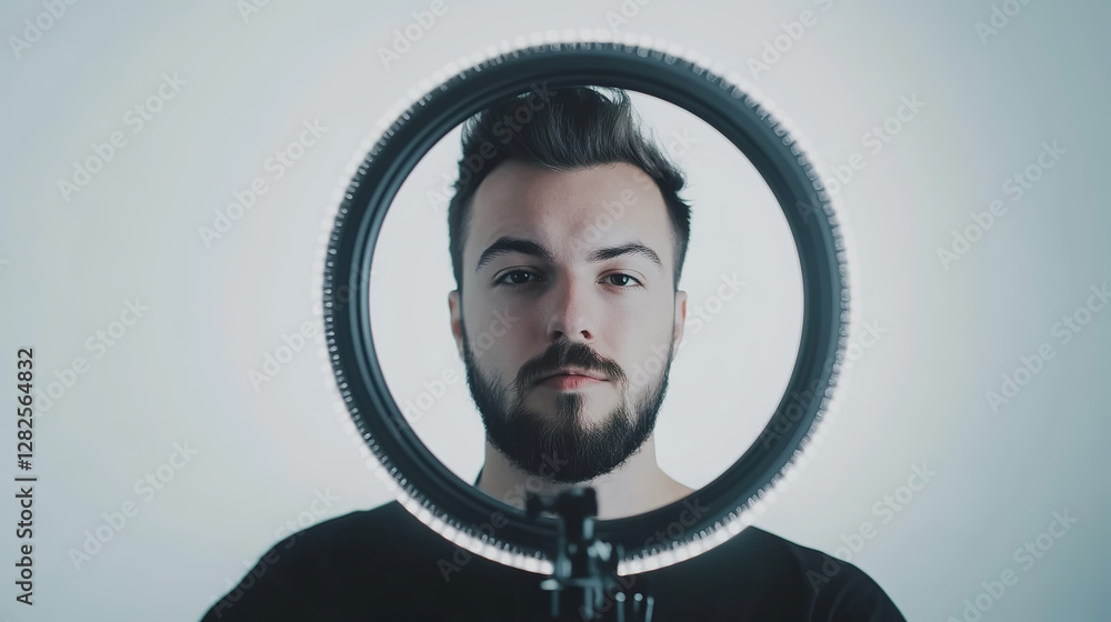 Digital content creator recording video in a modern home studio setup ...