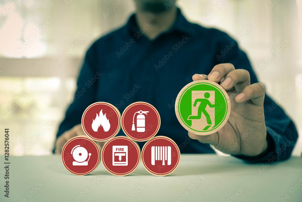 Hand choose fire door exit sing escape on wooden toy stack with for ...