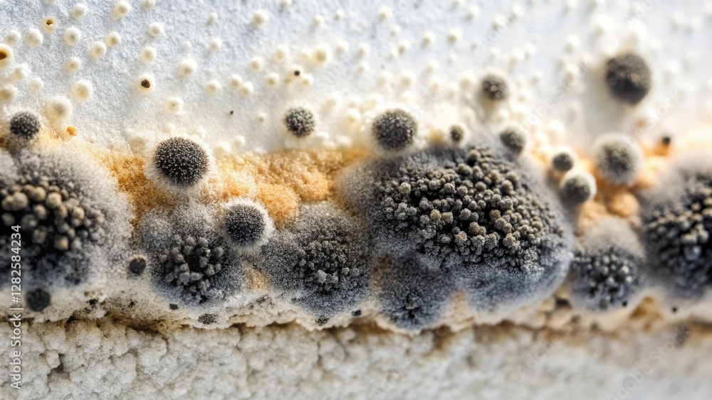 Fine black mold spores spreading slowly across a white surface in a ...
