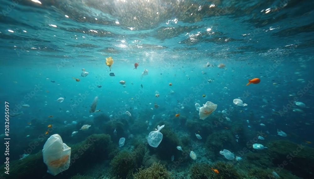 Underwater shot of ocean polluted with plastic bags, microplastics. Sea ...